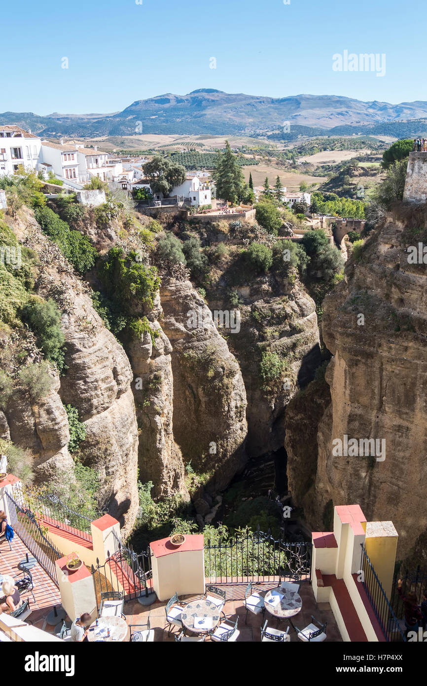 View from the new Bridge over Guadalevin River in Ronda, Malaga, Spain ...