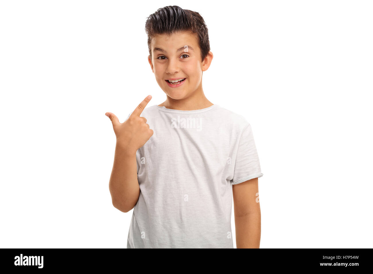 Little boy pointing at his smile isolated on white background Stock ...