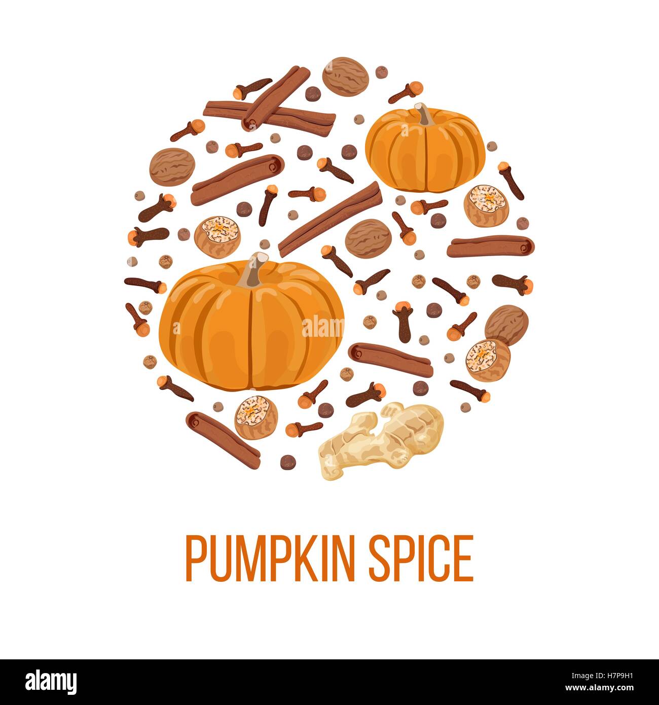 Thanksgiving card. Pumpkin spice on bauble shape. Pumpkin, nutmeg, ginger, cloves, cinnamon ...