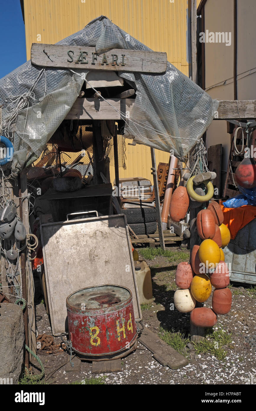 Makeshift storage area for things nautical, Husavik, Iceland Stock ...