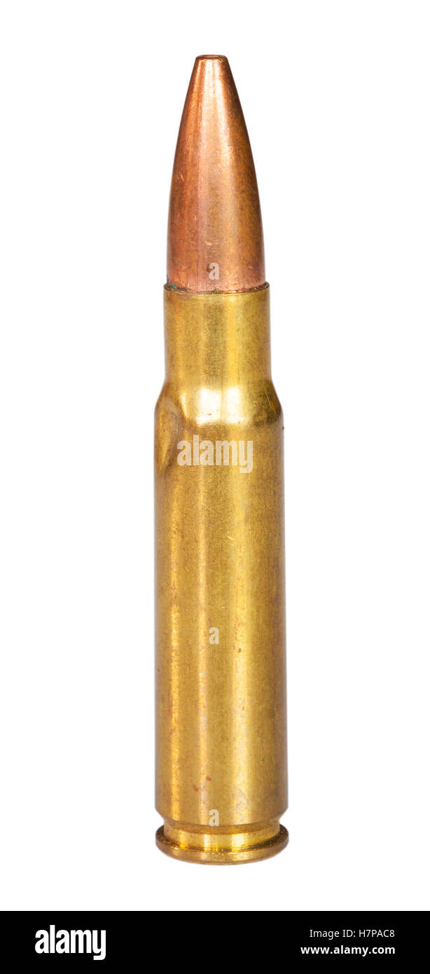 Center fire cartridge that has been bent upon feeding isolated on white ...