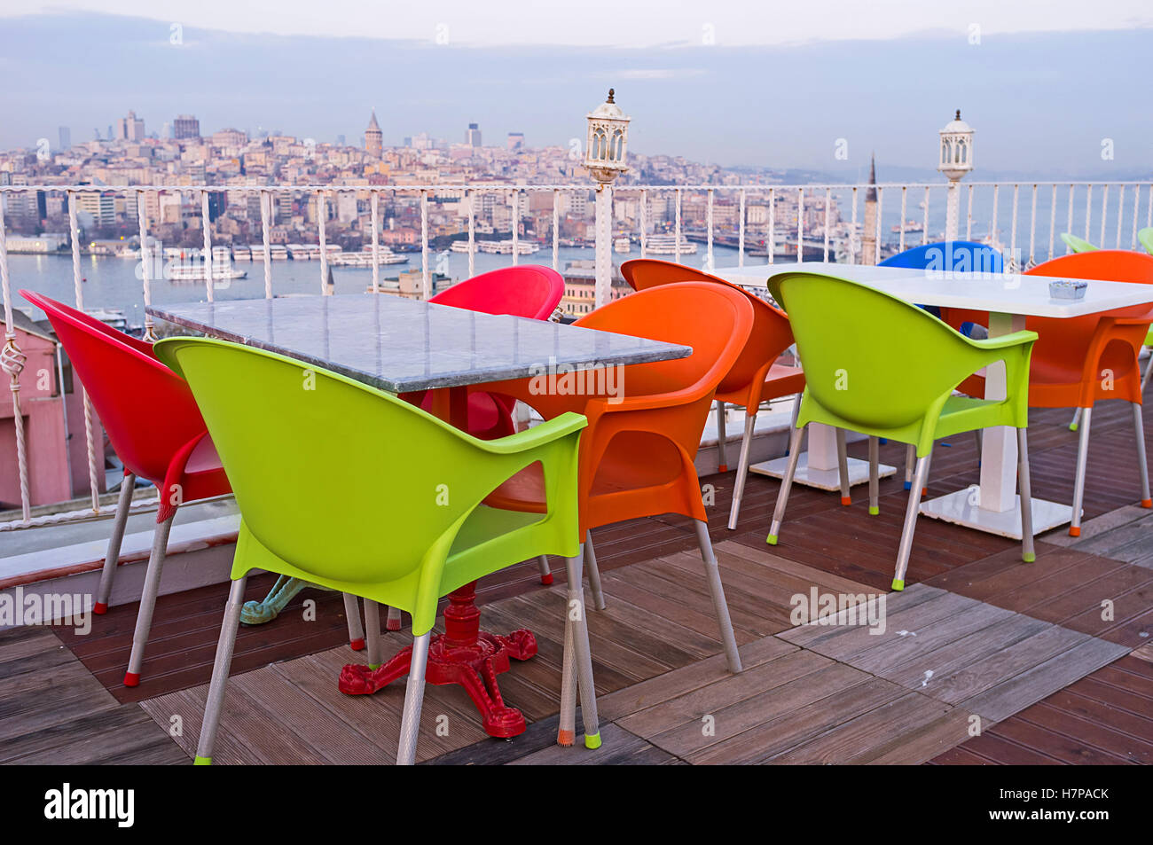 The cozy open air terrace with the scenic aerial view on the old ...