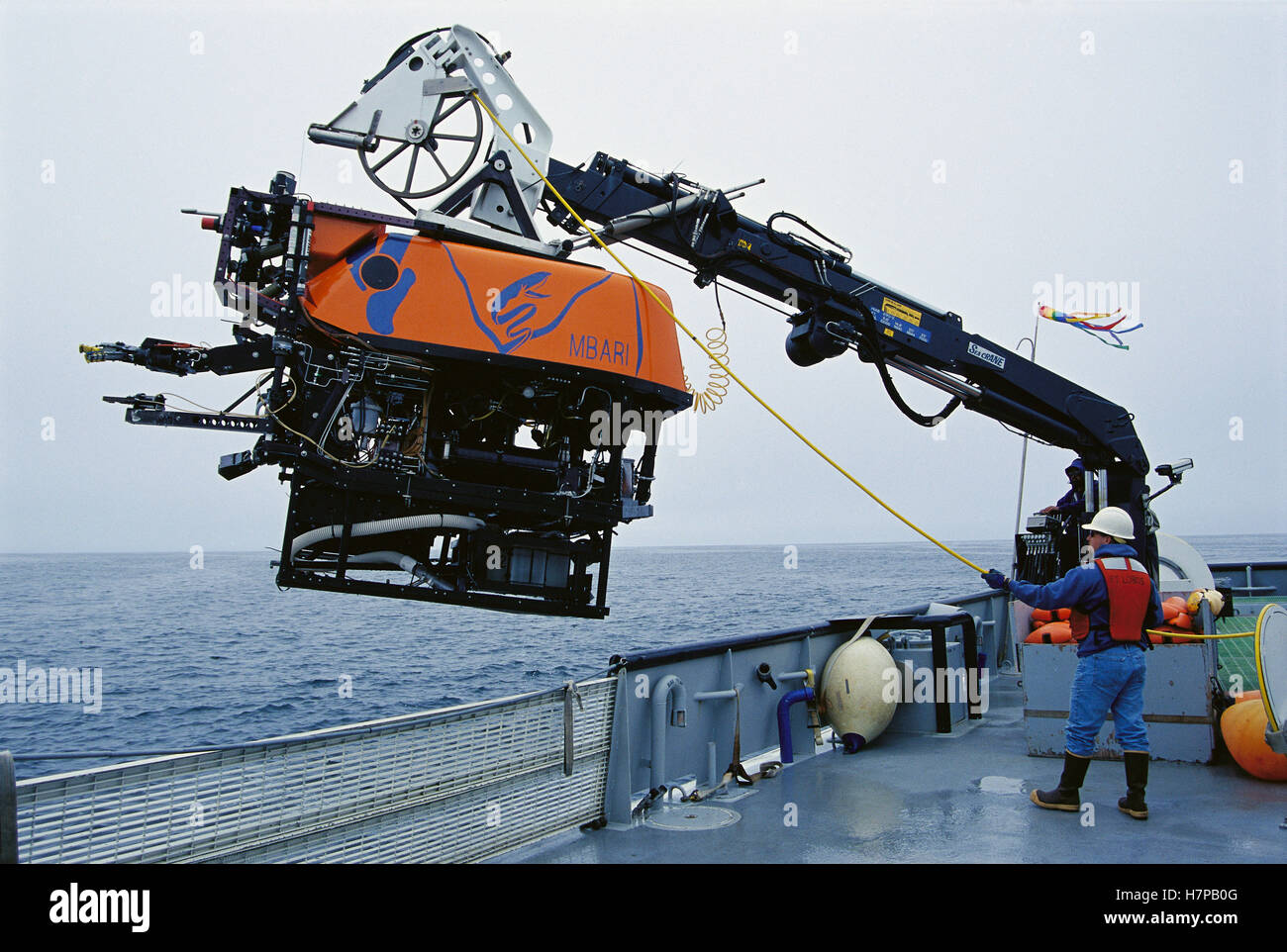 Rov Ventana submersible is lowered by crane from MBARI ship, Point ...