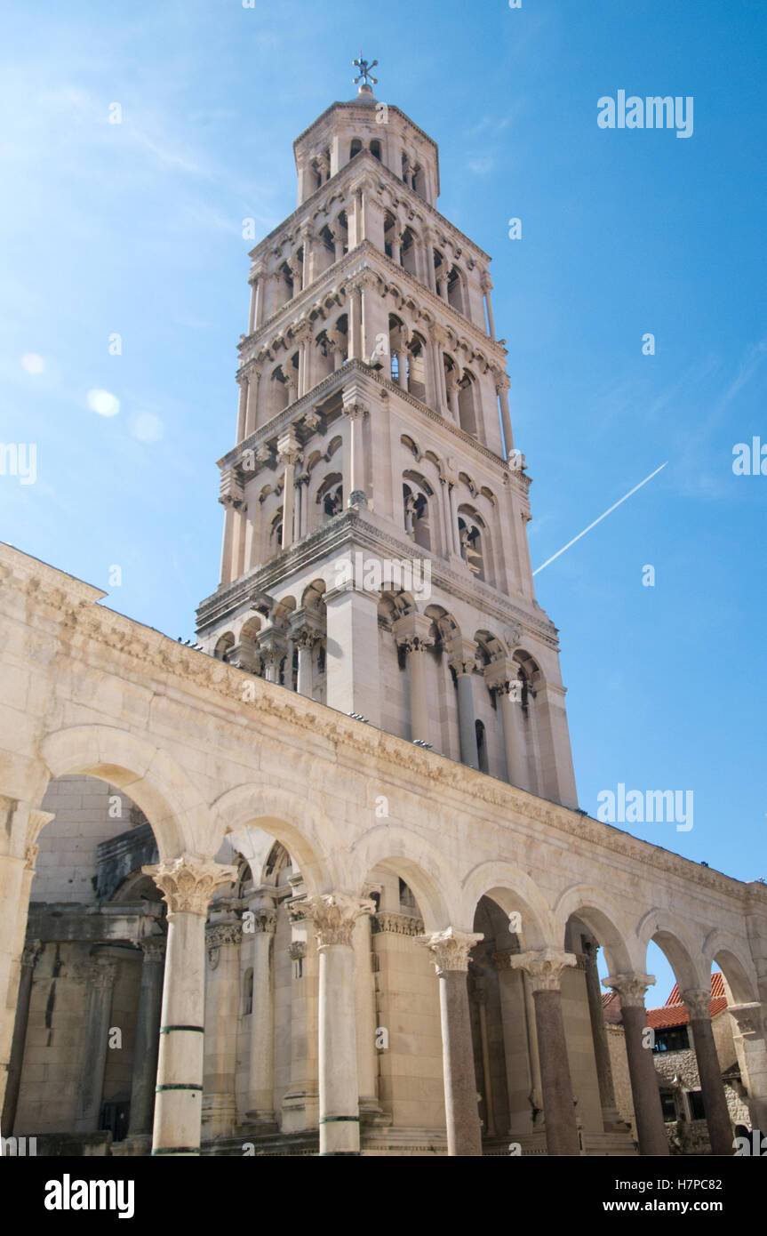 The tiered Romanesque architecture of the bell tower of the Catholic ...