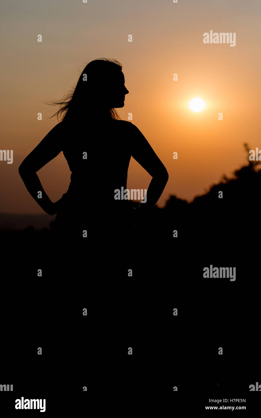Silhouette of the two woman standing during beautiful sunset Stock ...