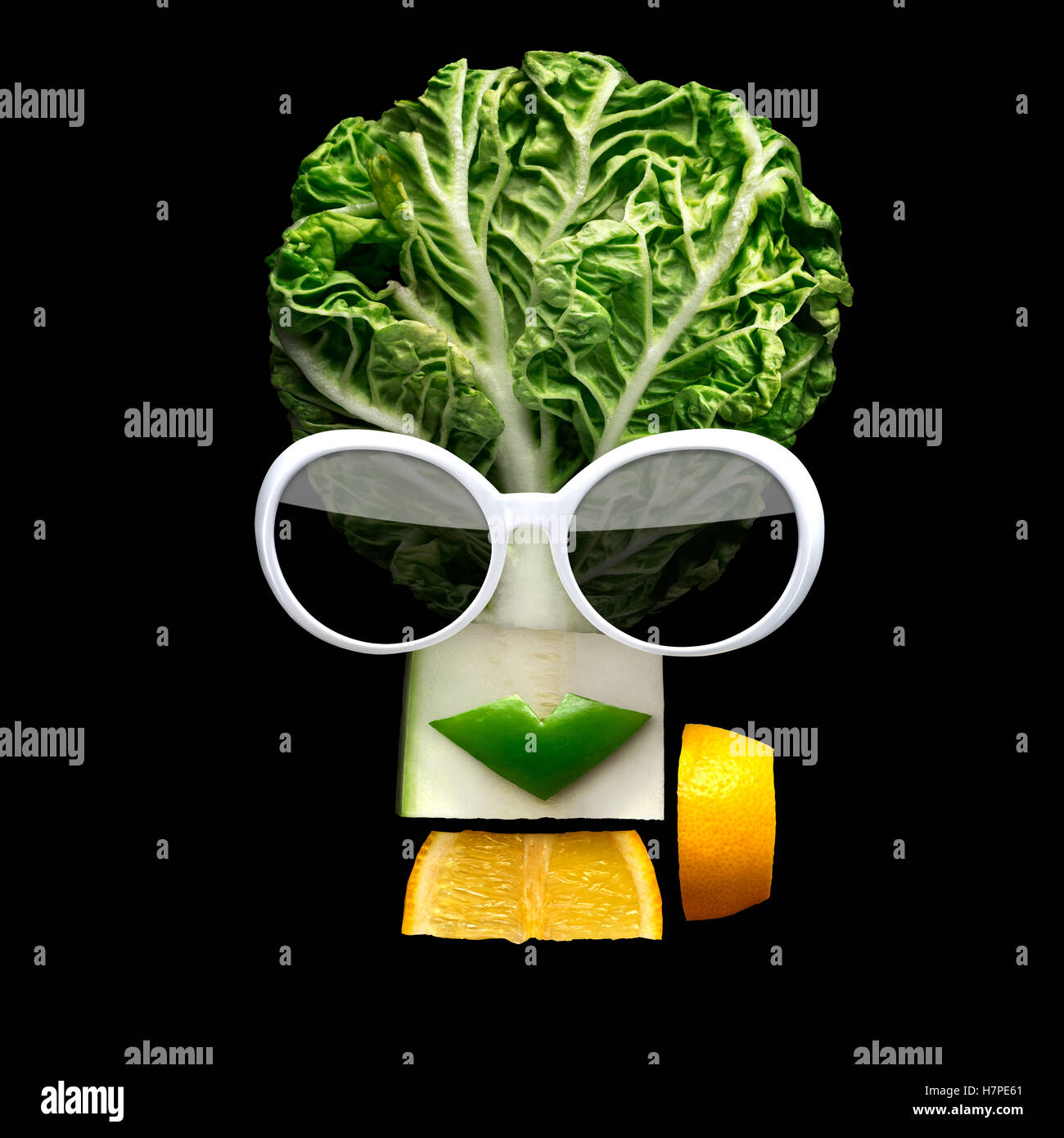 Quirky food concept of cubist style female face in sunglasses made of ...