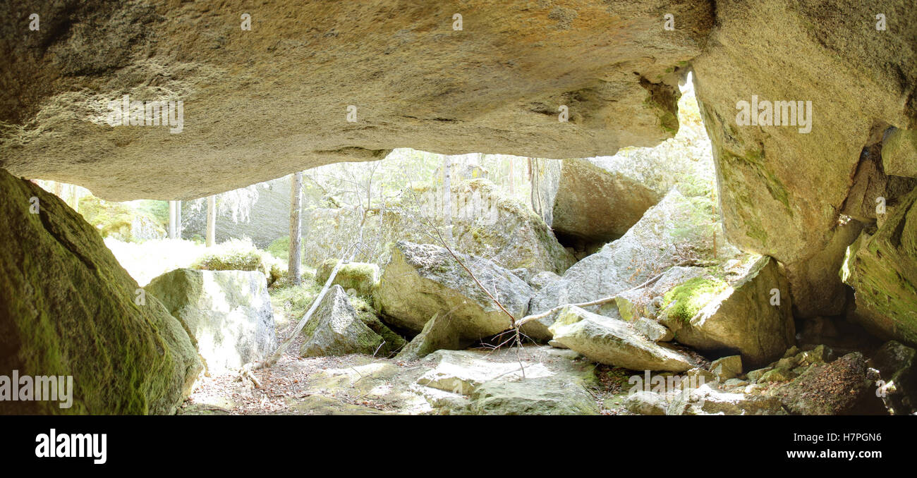 Panoramic HDR image of cave under a big rock in Sweden Stock Photo - Alamy