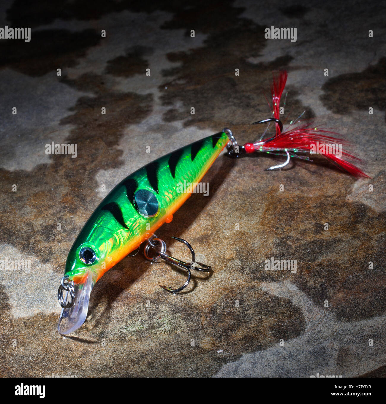 Green fishing lure with orange underneath on a wet rock Stock Photo - Alamy