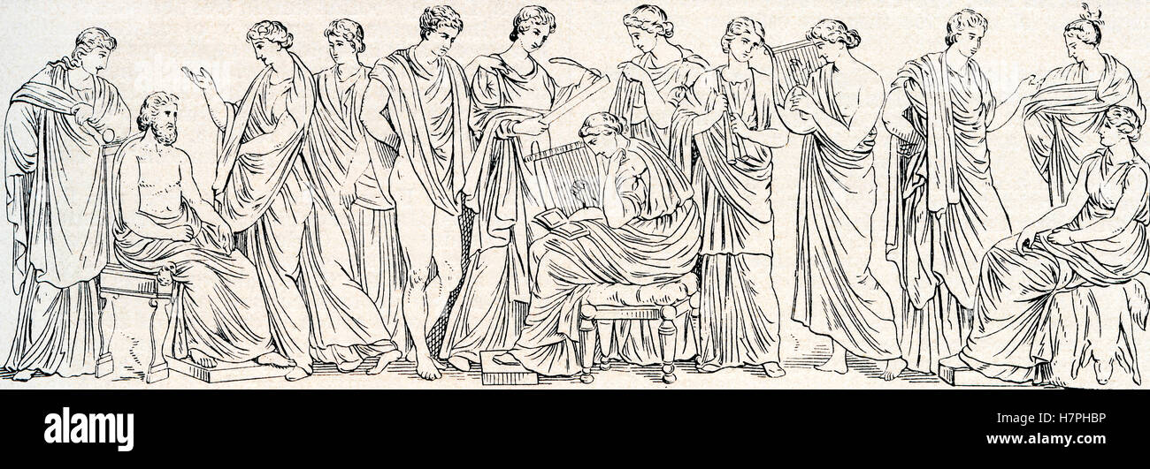 Guests celebrating a marriage in Ancient Greece. The figure in the ...