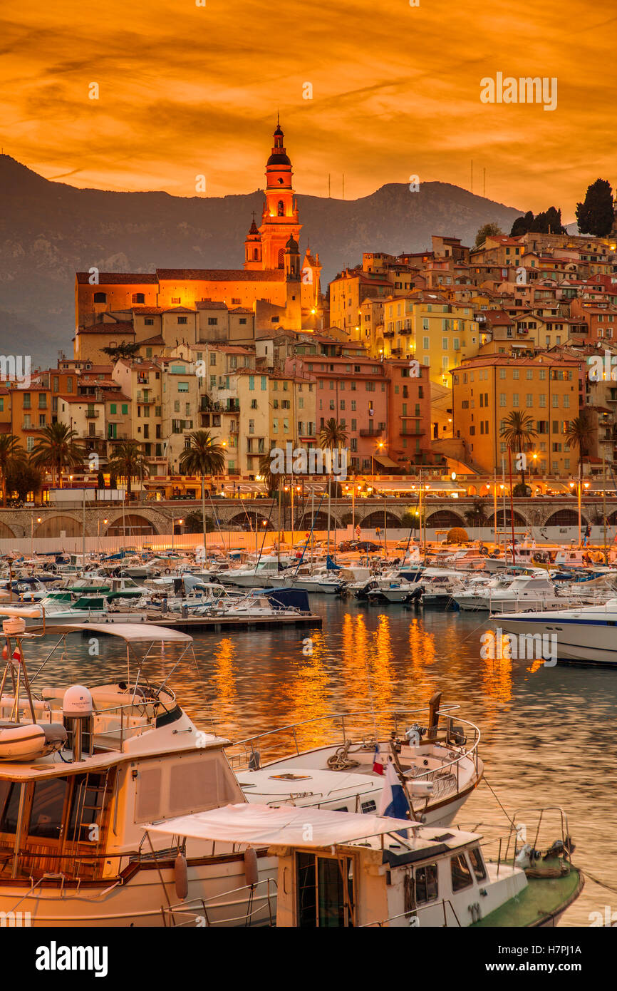 Marina and Old Town with the Basilique of Saint Michel Archange. Menton ...