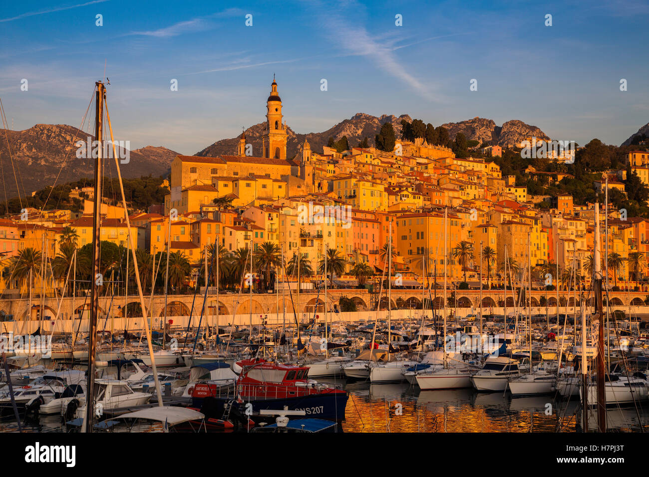 Marina and Old Town with the Basilique of Saint Michel Archange. Menton ...