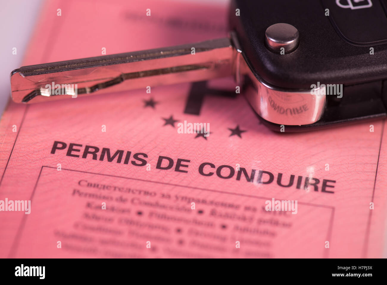 Car keys and drivers license on white background, France Stock Photo ...