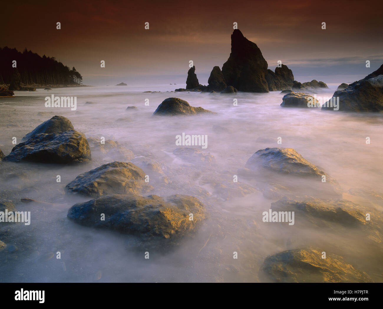 Sea stack and rocks along shoreline at Ruby Beach, Olympic National ...