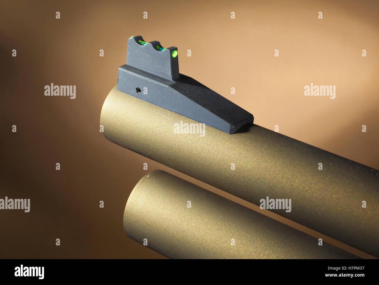 Fiber optic front sight on the barrel of a gold colored shotgun Stock ...