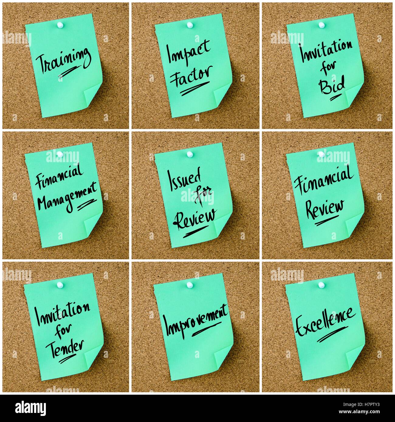 Collage of Business Acronyms written on green paper note pinned on cork ...