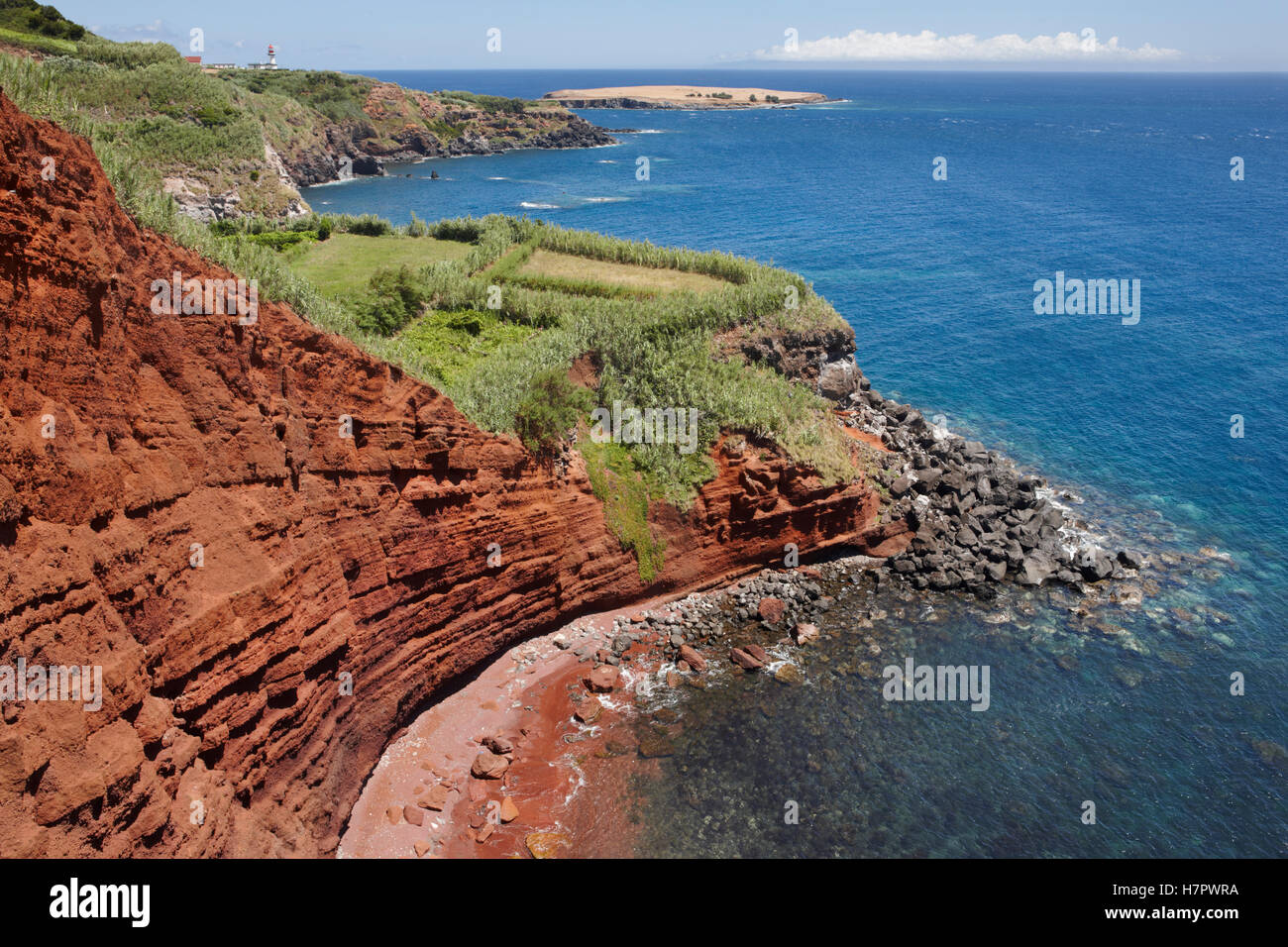 Azores coastline landscape with red cliffs in Topo. Sao Jorge ...