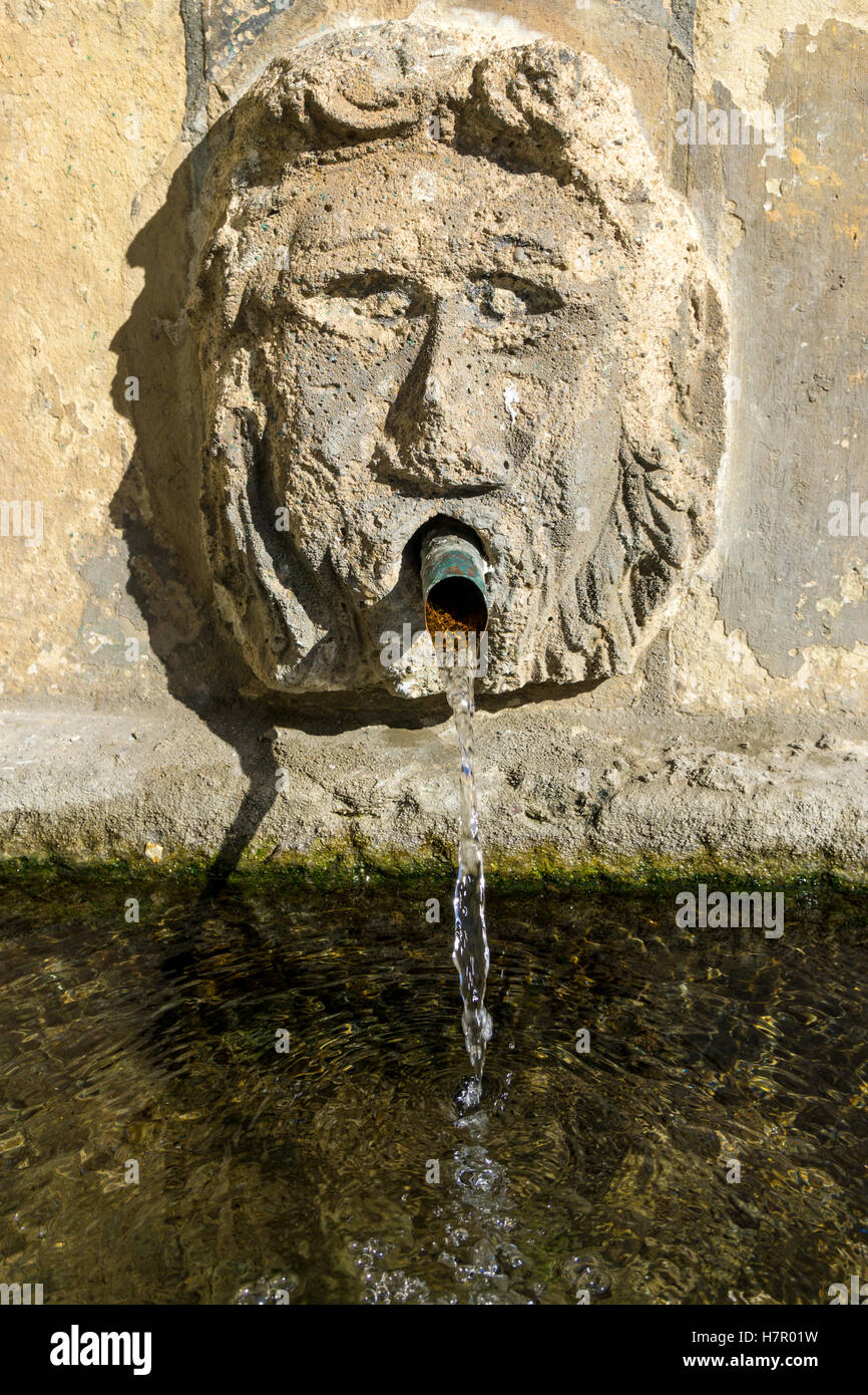 A carved stone face with water spout seen in La Garde-Freinet, Var ...