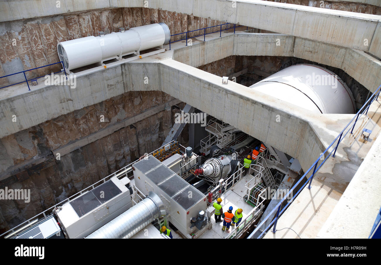 A huge underground tunnel drill, prepared to start drilling in a shaft ...