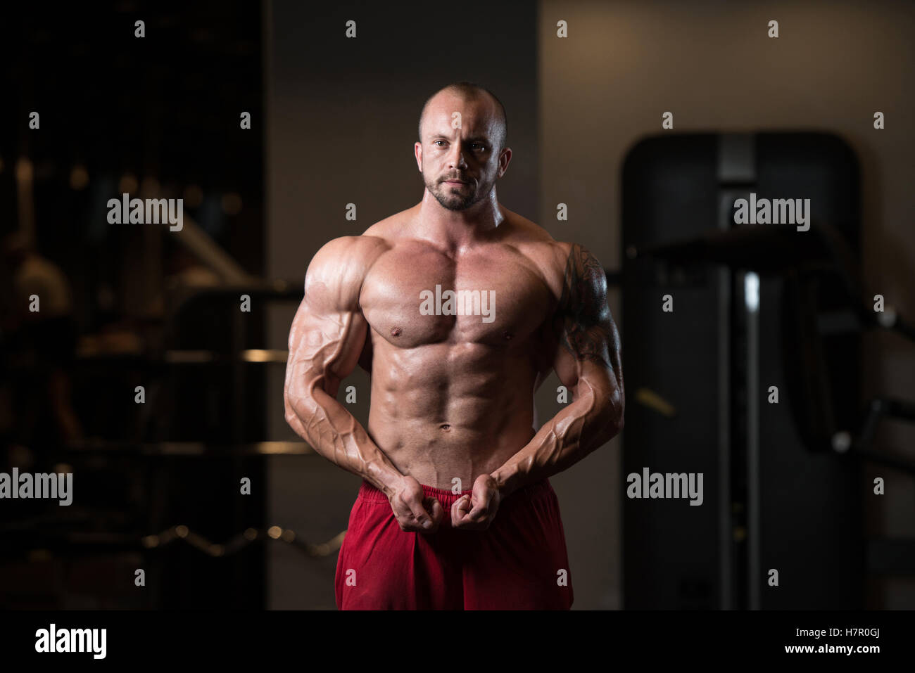 Man Standing Strong In The Gym And Flexing Muscles - Muscular Athletic ...