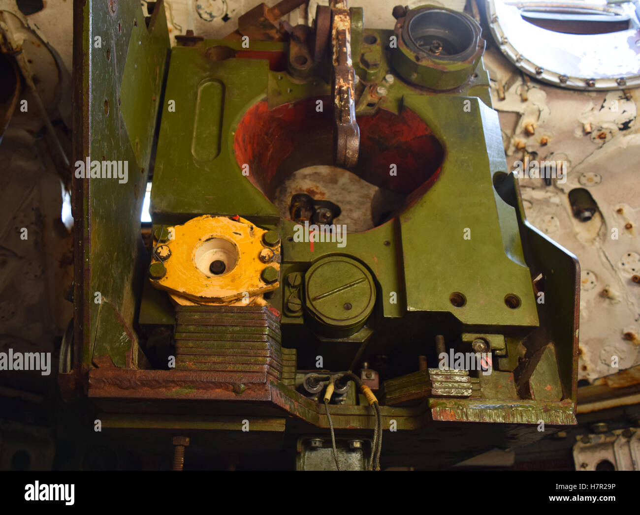 Machinery and parts inside the tank cabin. Museum exhibit Stock Photo ...