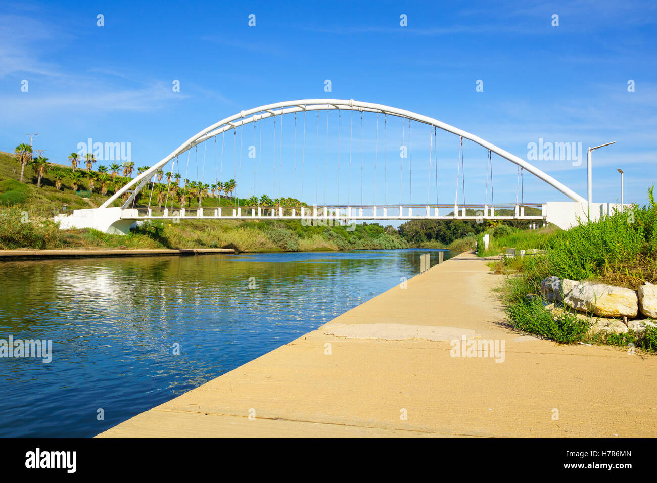 View of Hadera River (Nahal Hadera) Park and the Harp (Nevel) Bridge ...