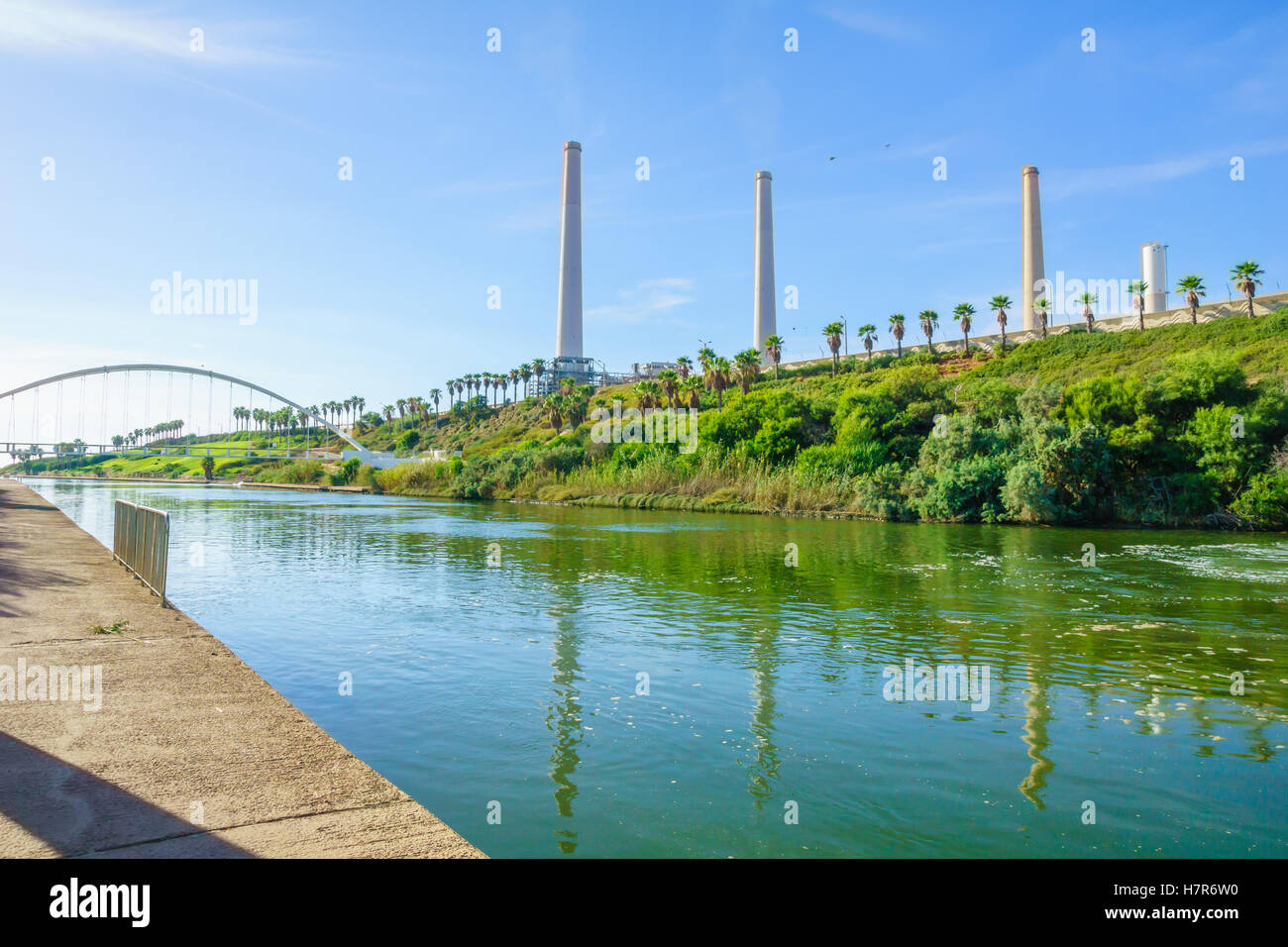 View of Hadera River (Nahal Hadera) Park, the Harp (Nevel) Bridge and ...