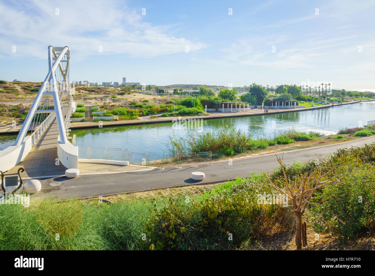 View of Hadera River (Nahal Hadera) Park and the Harp (Nevel) Bridge ...