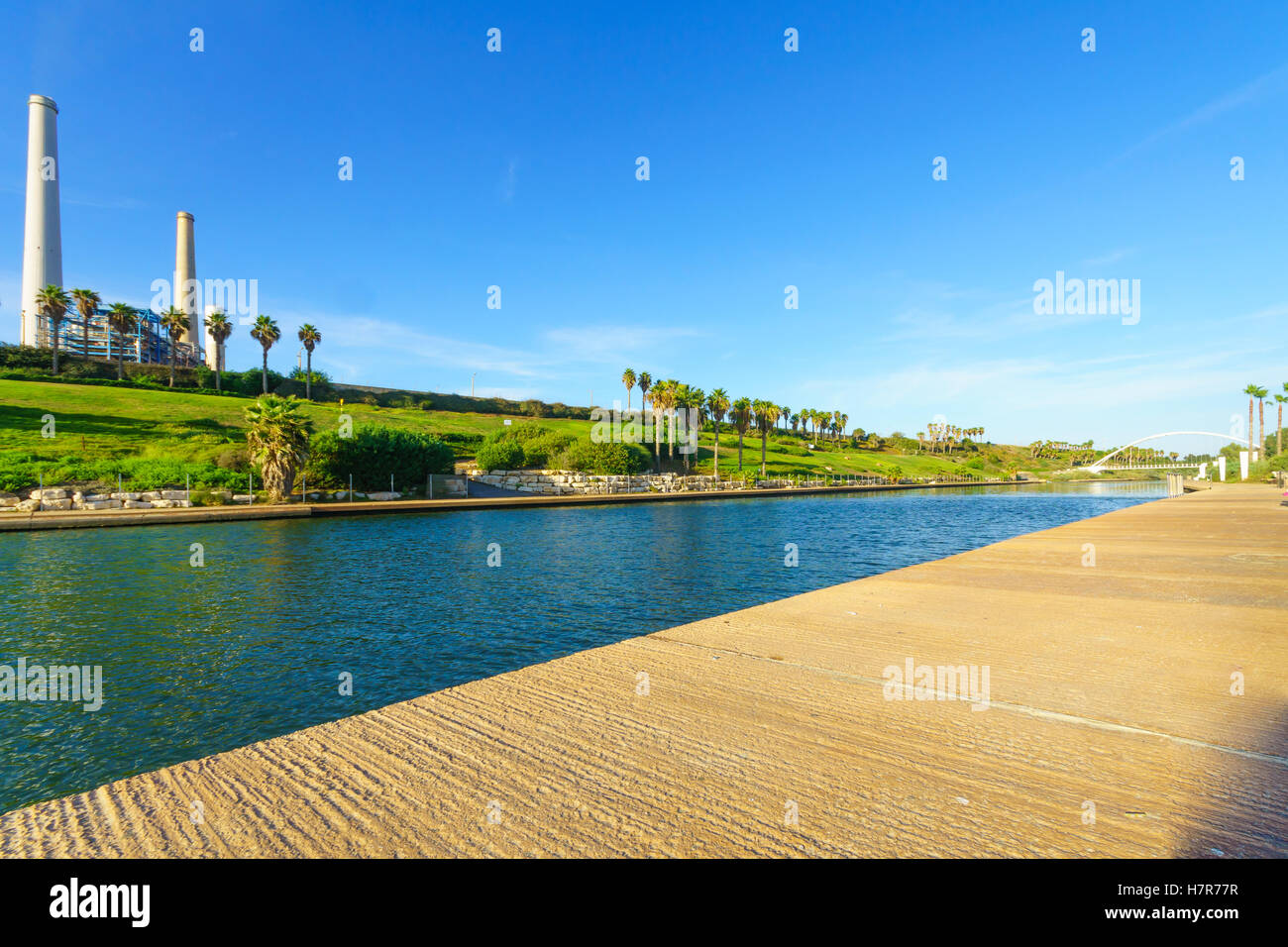 View of Hadera River (Nahal Hadera) Park, the Harp (Nevel) Bridge and ...