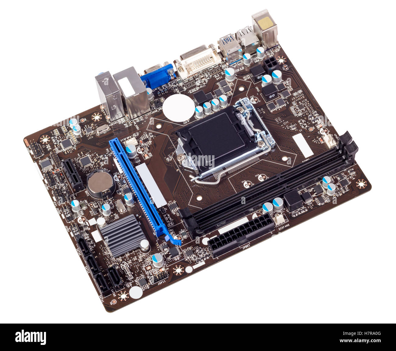 Computer motherboard isolated on white background without CPU cooler ...