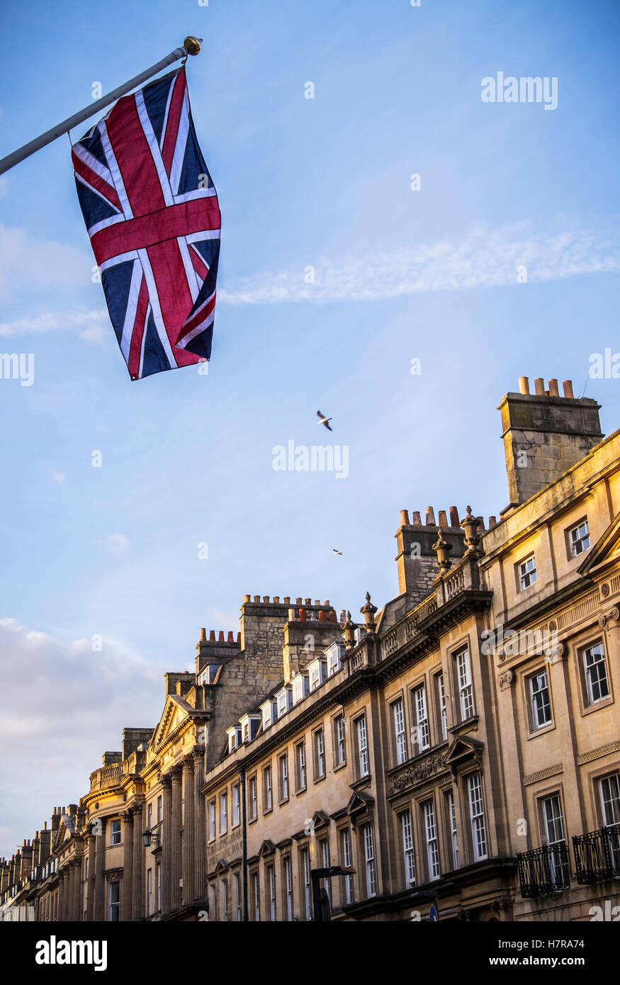 A Union Jack flag flying in the streets of Bath; Bath Somerset, England ...