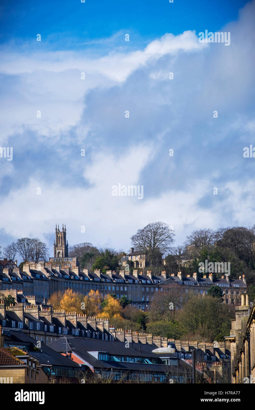 Row housing and a church tower; Bath, Somerset, England Stock Photo - Alamy