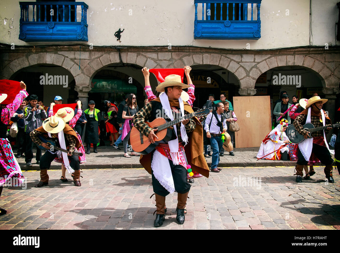 Peruvian Local Street Performers Celebrating a Festival in Costume ...