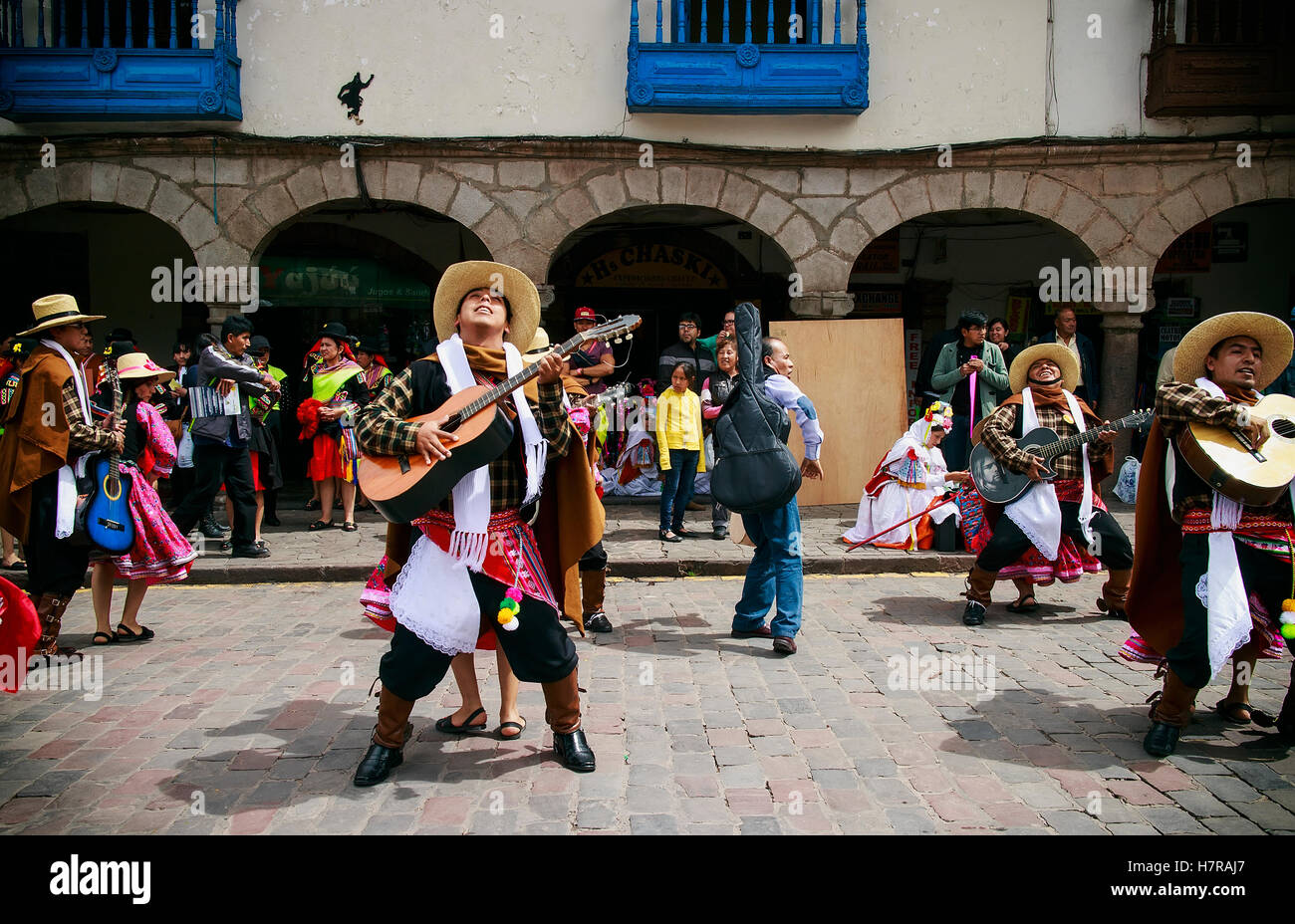 Peruvian Local Street Performers Celebrating a Festival in Costume ...