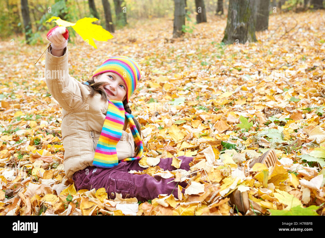 girl child sit in autumn forest, beautiful landscape in fall season ...