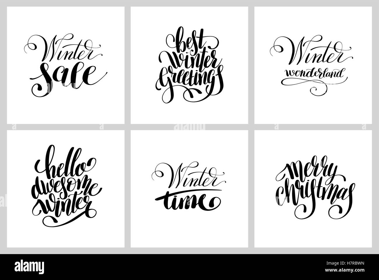 set of winter black and white handwritten lettering inscription Stock ...
