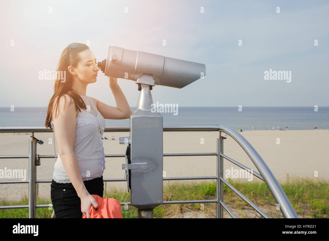 Close-Up of Sightseeing Binoculars with Beach Background Stock Photo ...