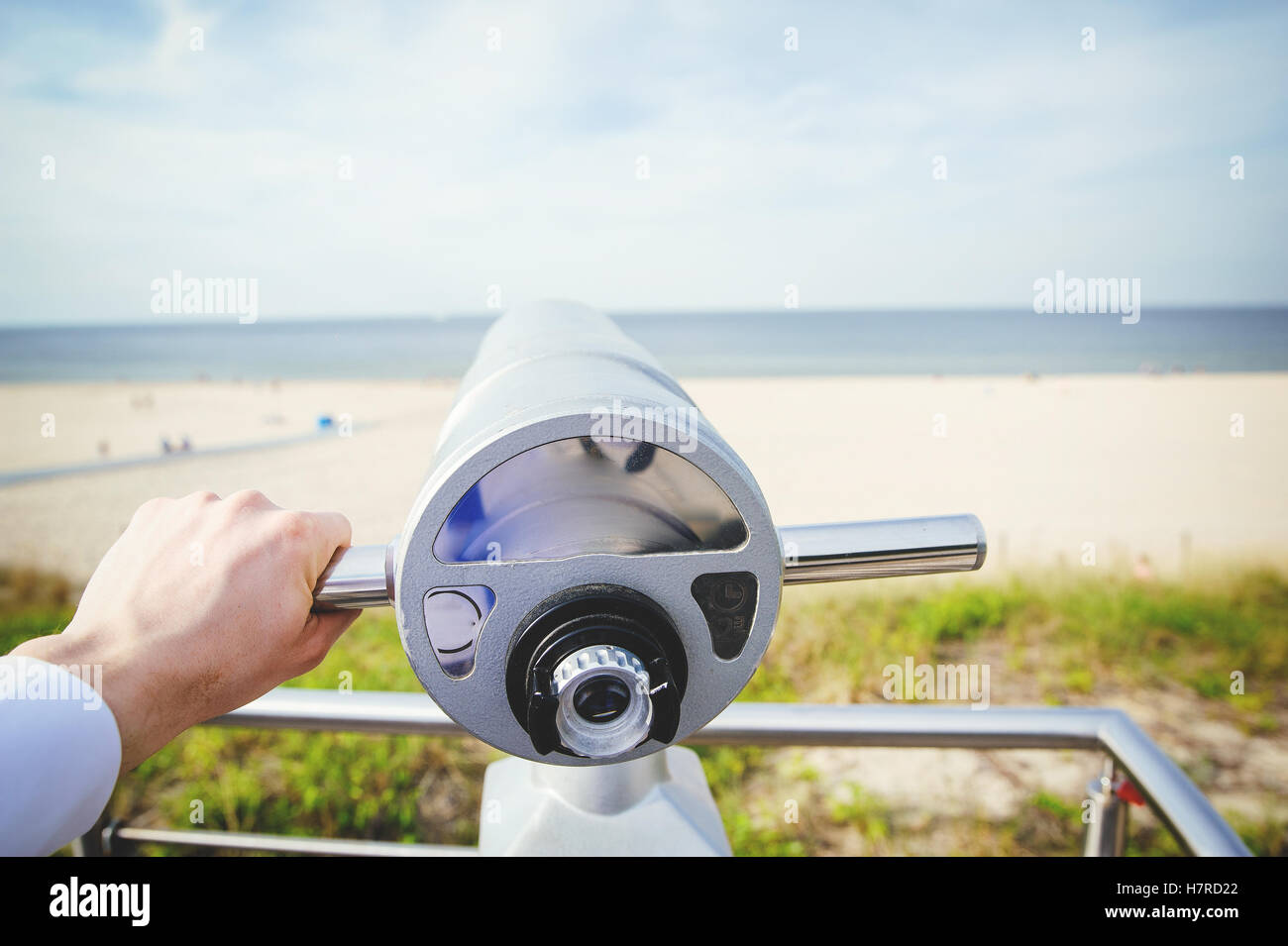 Close-Up of Sightseeing Binoculars with Beach Background Stock Photo ...
