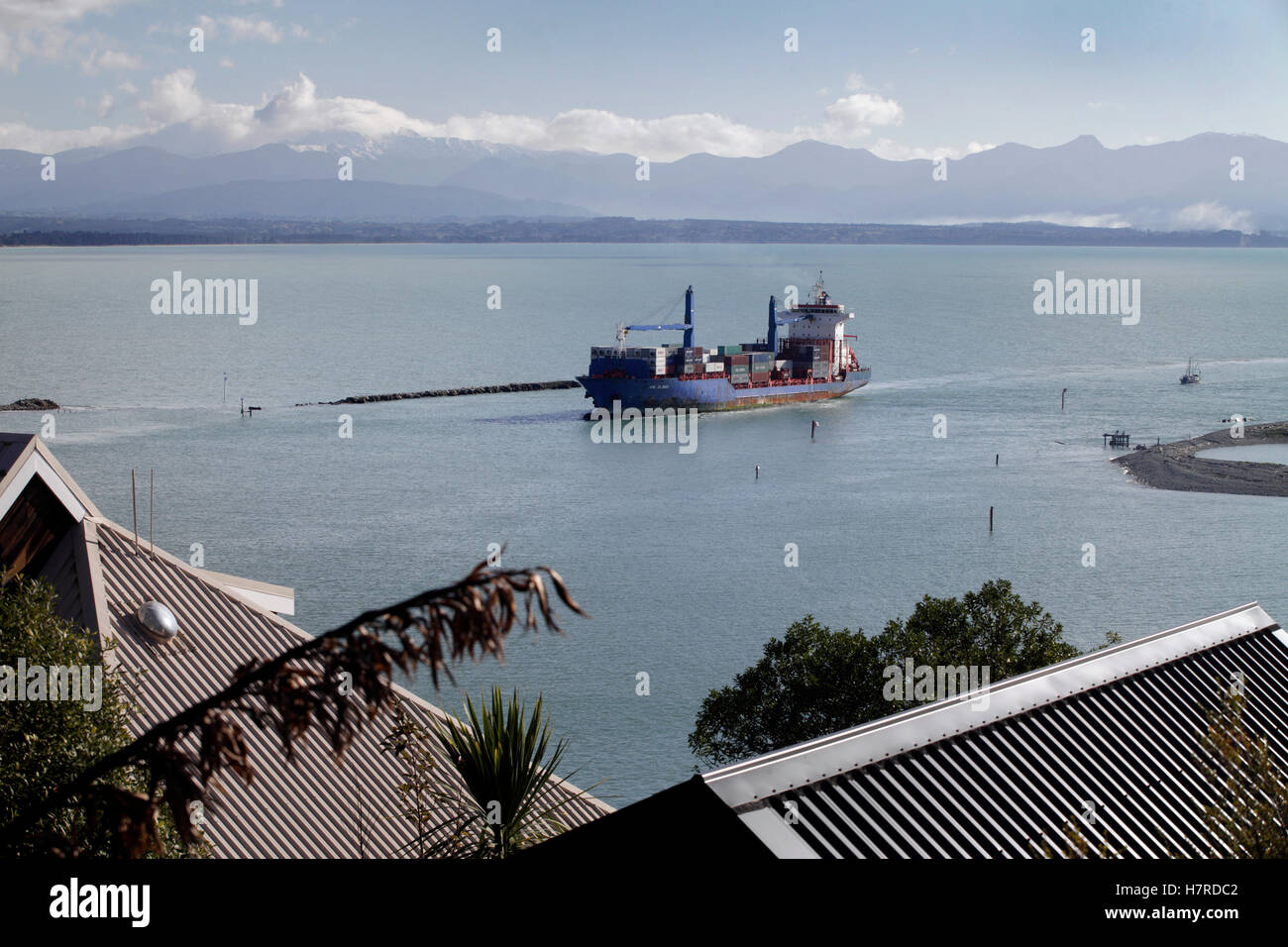 A container ship passing through The Cut to enter Port Nelson, viewed ...