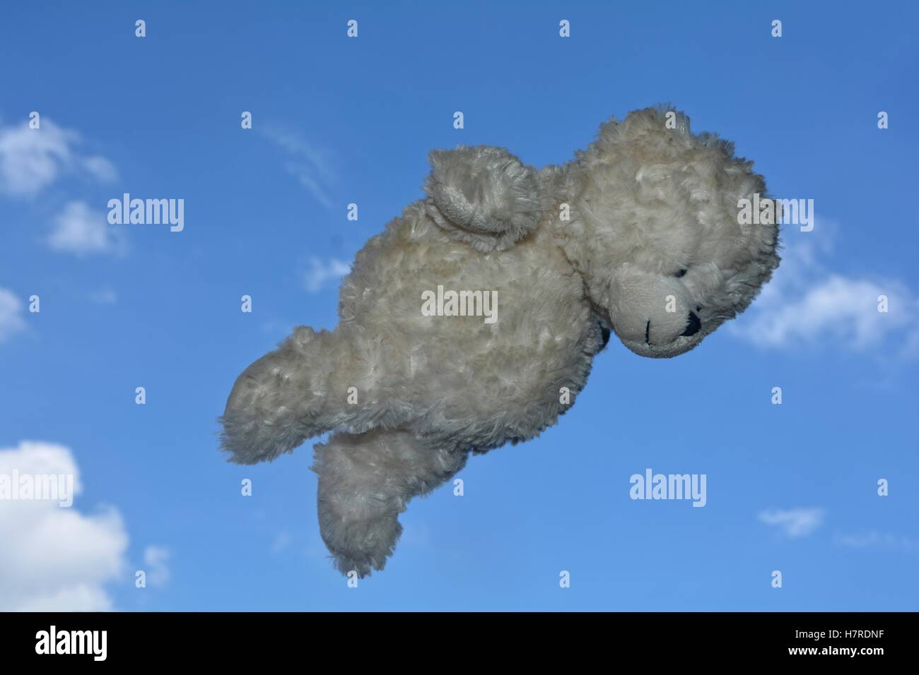 Teddy bear flies in the air with blue sky with clouds Stock Photo - Alamy