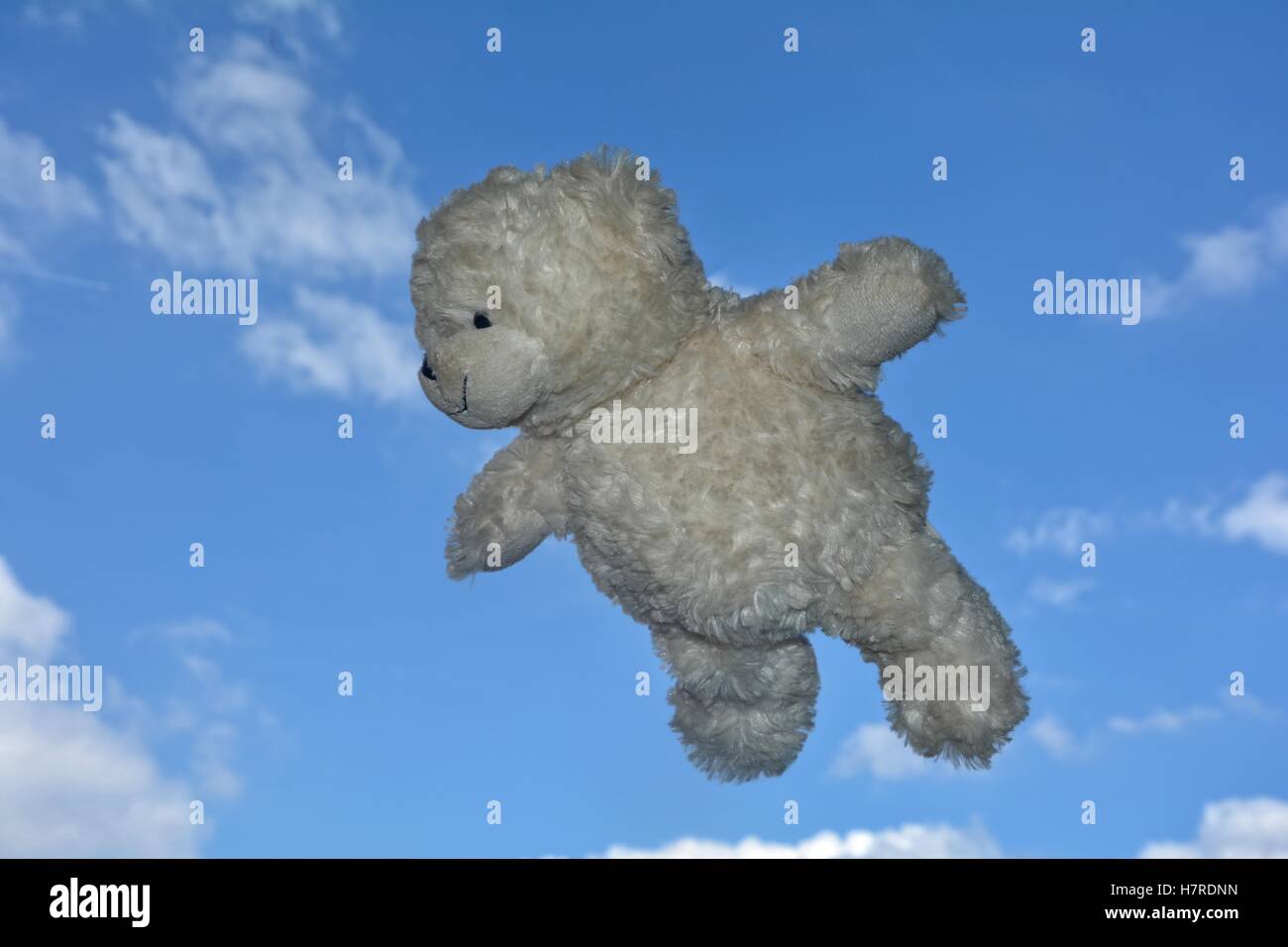 Teddy bear flies in the air with blue sky with clouds Stock Photo - Alamy