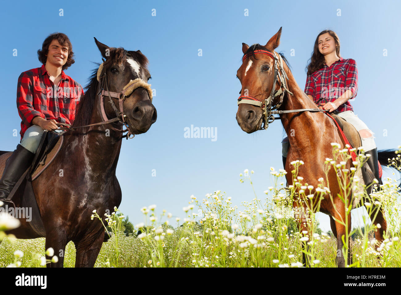 Young people horseback riding in flowery meadows Stock Photo - Alamy