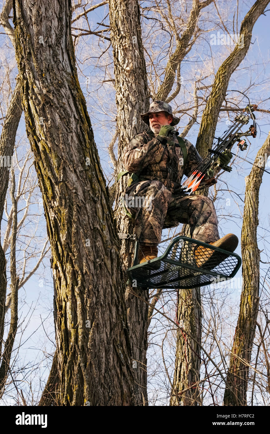 Bowhunter In Tree Stand in Winter Stock Photo - Alamy