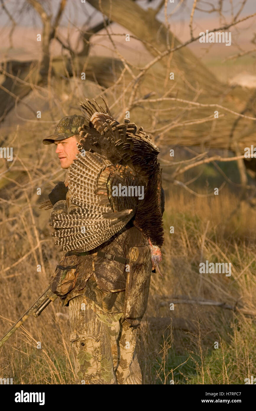 Spring Turkey Hunter With Turkey On Shoulder Stock Photo - Alamy