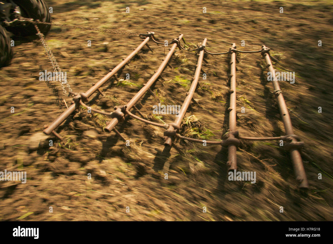 Young Man Drags Field Preparing Food Plot Stock Photo - Alamy