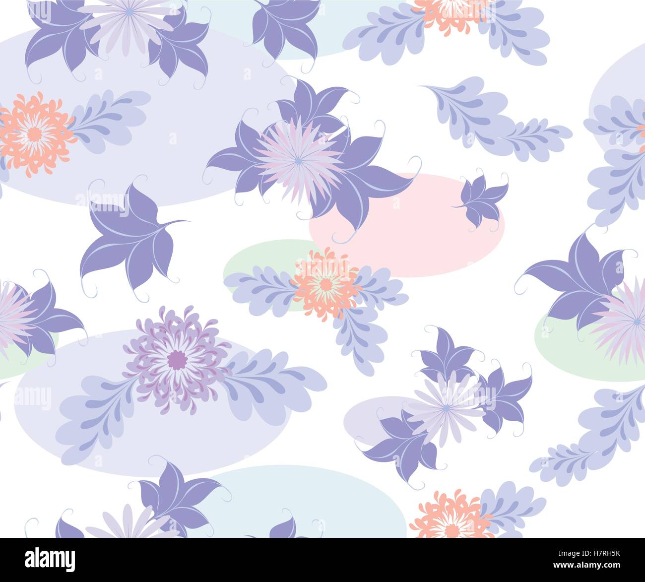 Seamless background with blue flowers and ellipses on a uniform white ...