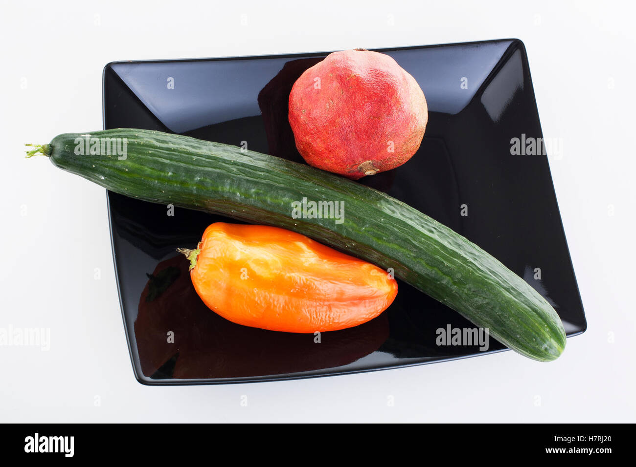 Wrinkled vegetble antioxidants, black plate, color, cucumber, mirror ...