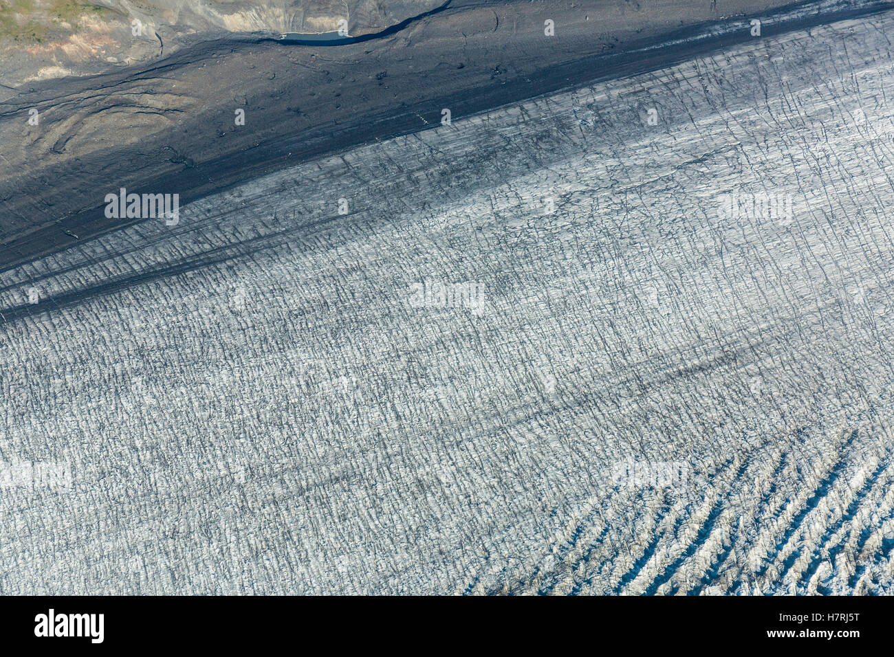 Aerial view of patterns on the surface of a Glacier and Moraine, near ...