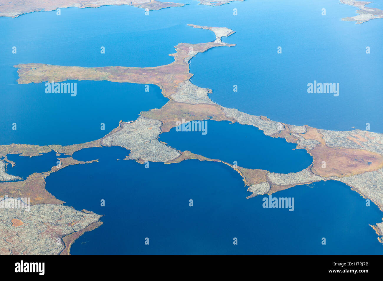 Aerial view of a tundra landscape filled with small ponds, Yukon Delta ...