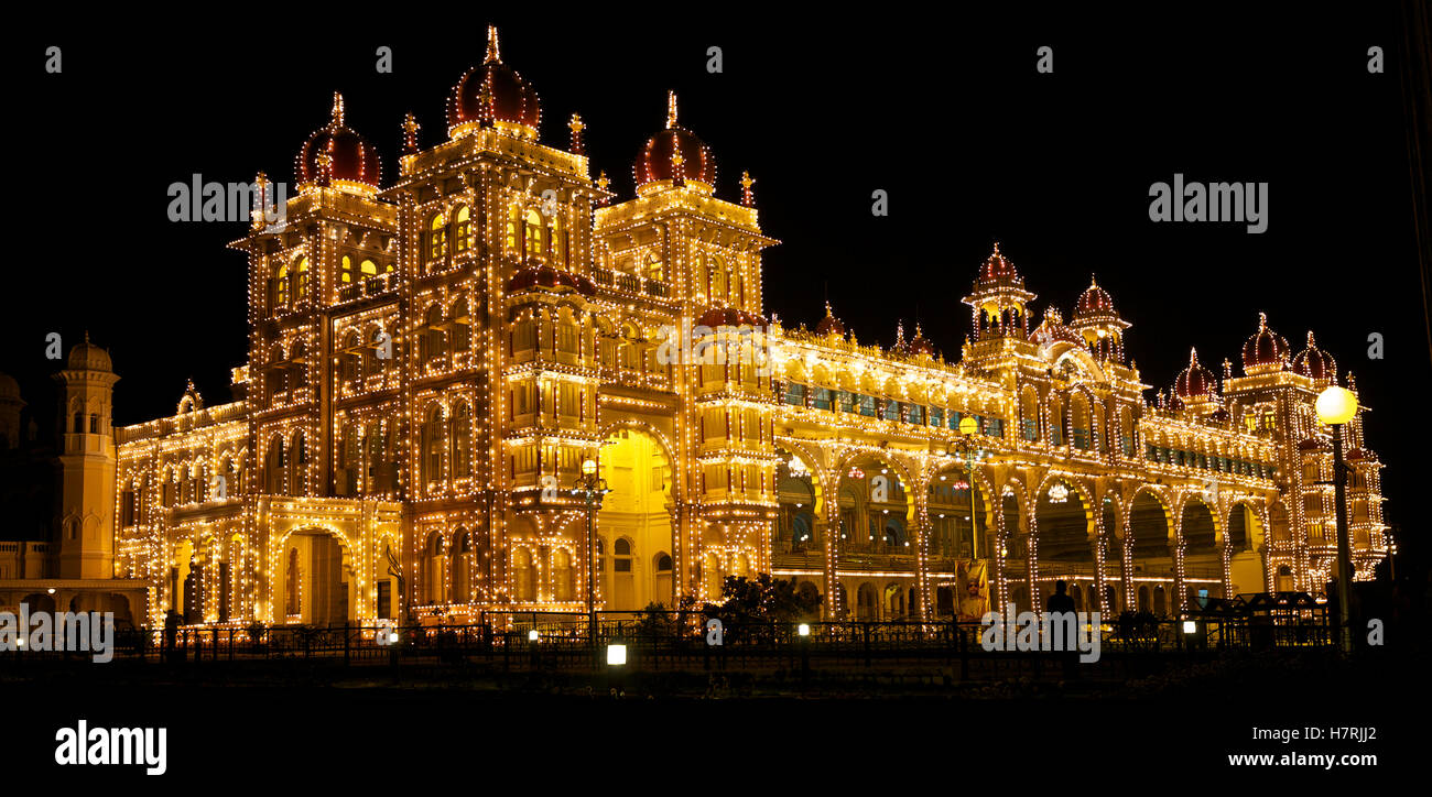Mysore Palace illuminated at night Stock Photo - Alamy