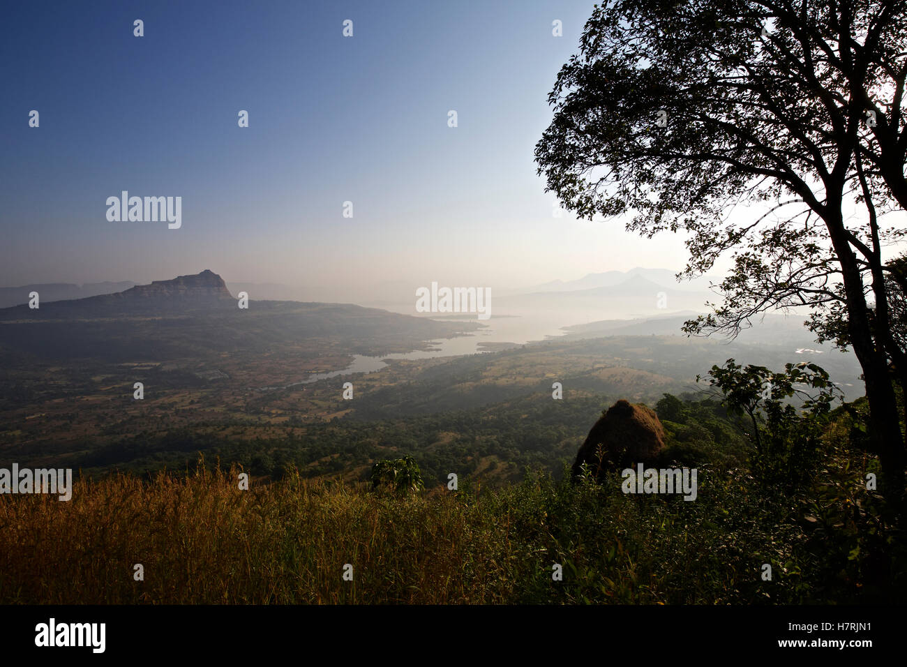 Landscape view of Mulshi Lake and the mountainous Western Ghats Stock ...